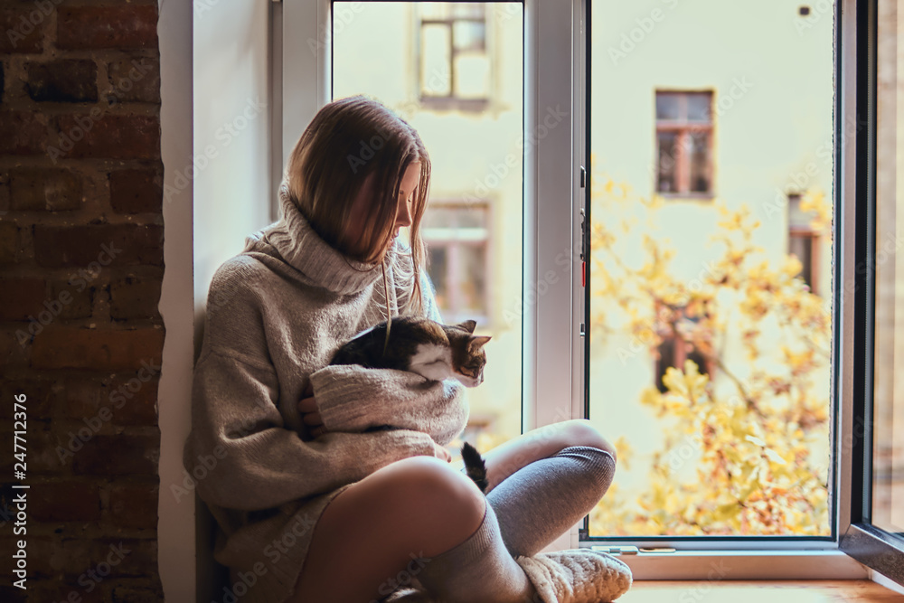 Beautiful girl in a warm sweater hugs her favorite cat sitting on the ...