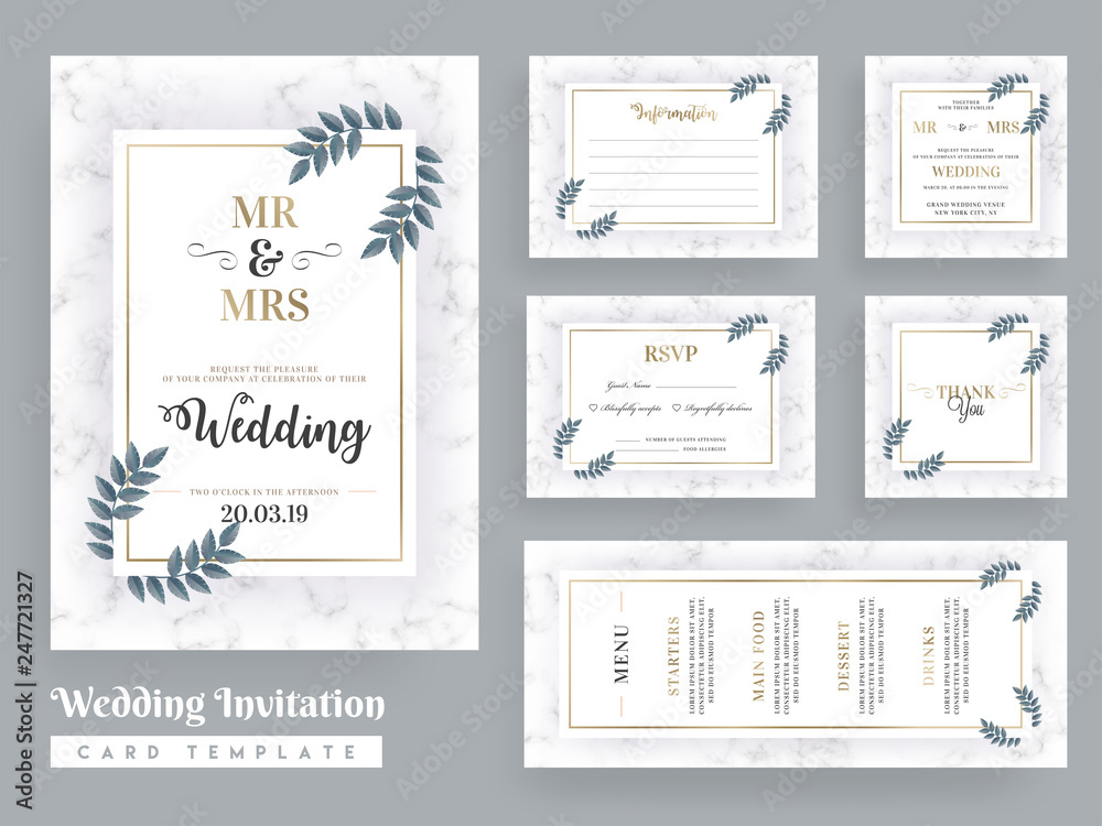 Wedding Invitation card template design with wedding invite, menu, rsvp ...