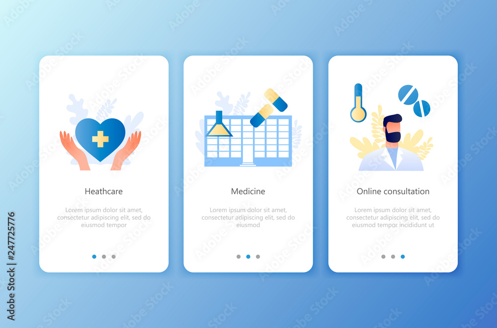 Medicine, Healthcare, Online medical consultation. Set of onboarding ...
