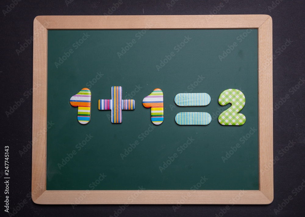 Math simple addition on green board with wooden frame, black background ...