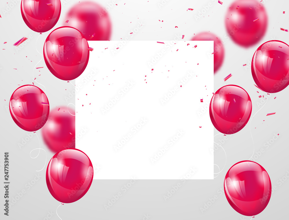 pink balloons, vector illustration. Confetti and ribbons, Celebration ...