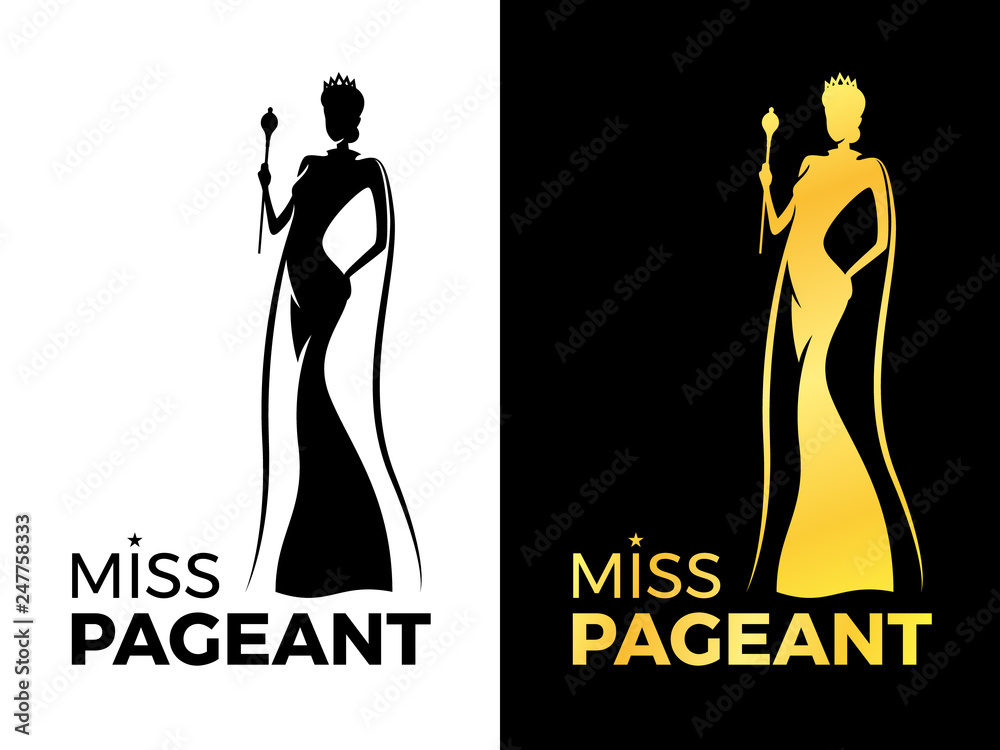 Miss pageant logo sign with woman queen wear crown and Beauty cape hold ...