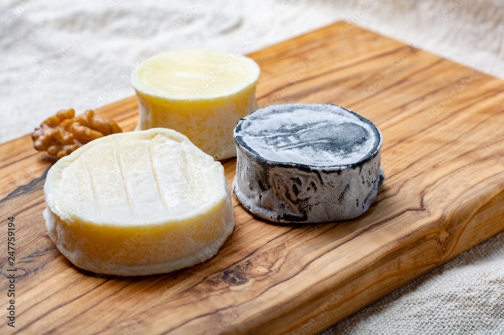 Assortment of French soft goat cheeses, Chevre Cendre, Cabecou Du ...