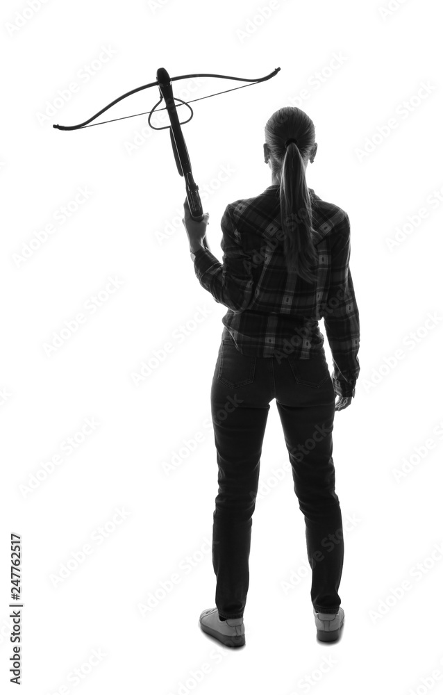Silhouette of beautiful woman with crossbow on white background, back ...