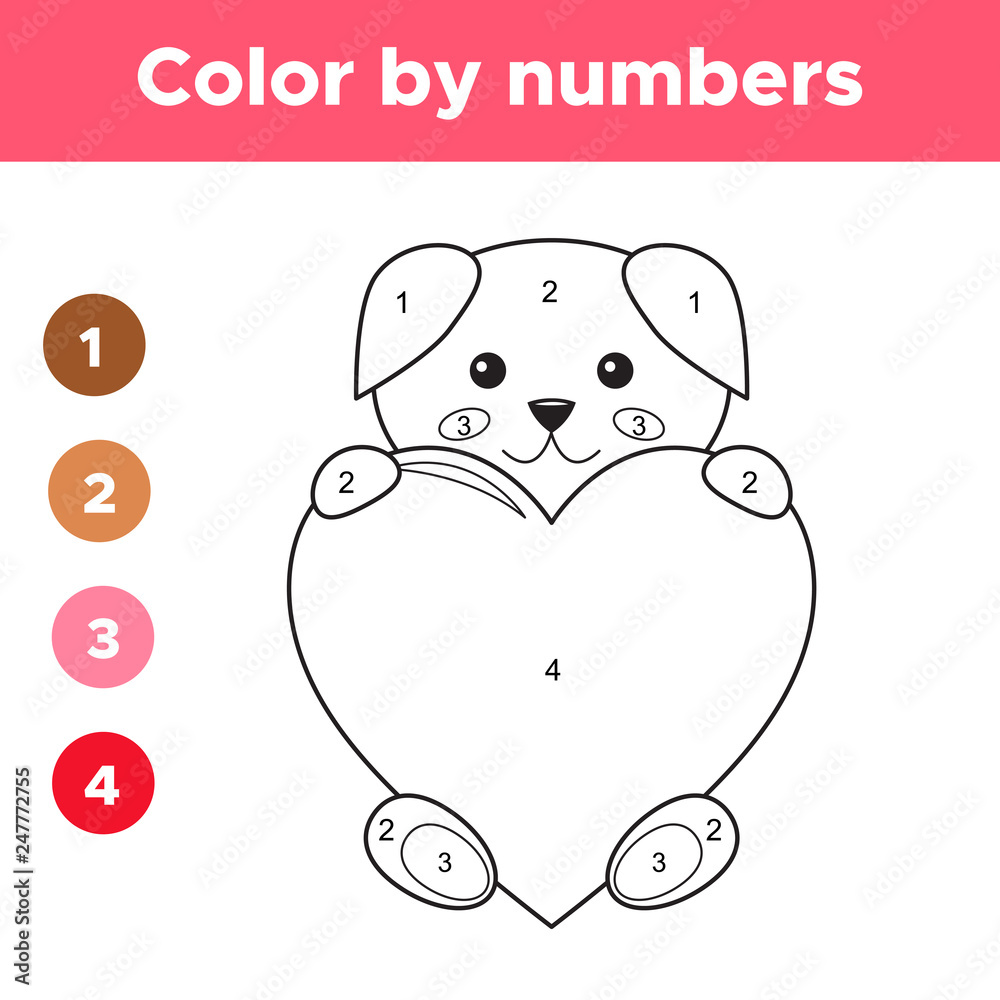 Color by numbers for preschool kids, Valentines day cartoon kawaii dog ...