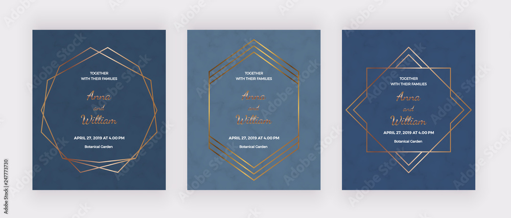 Blue wedding invatation cards with golden polygonal geometric lines ...