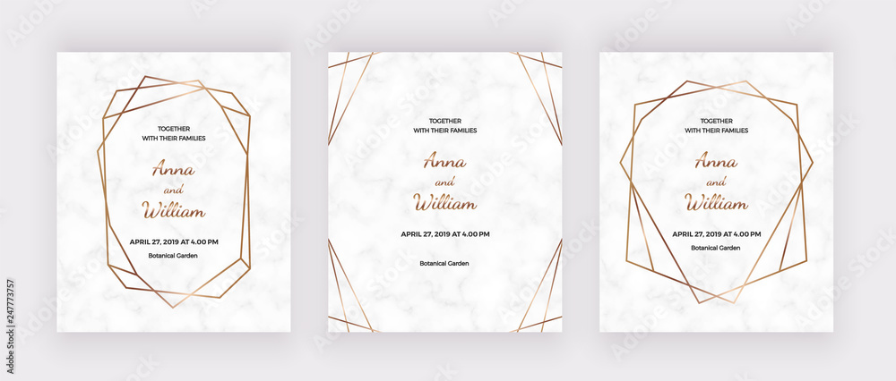 Marble wedding invatation cards with golden polygonal geometric lines ...
