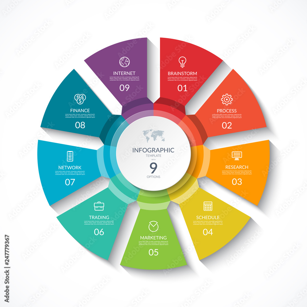 Vector infographic circle. Cycle diagram with 9 stages. Round chart ...