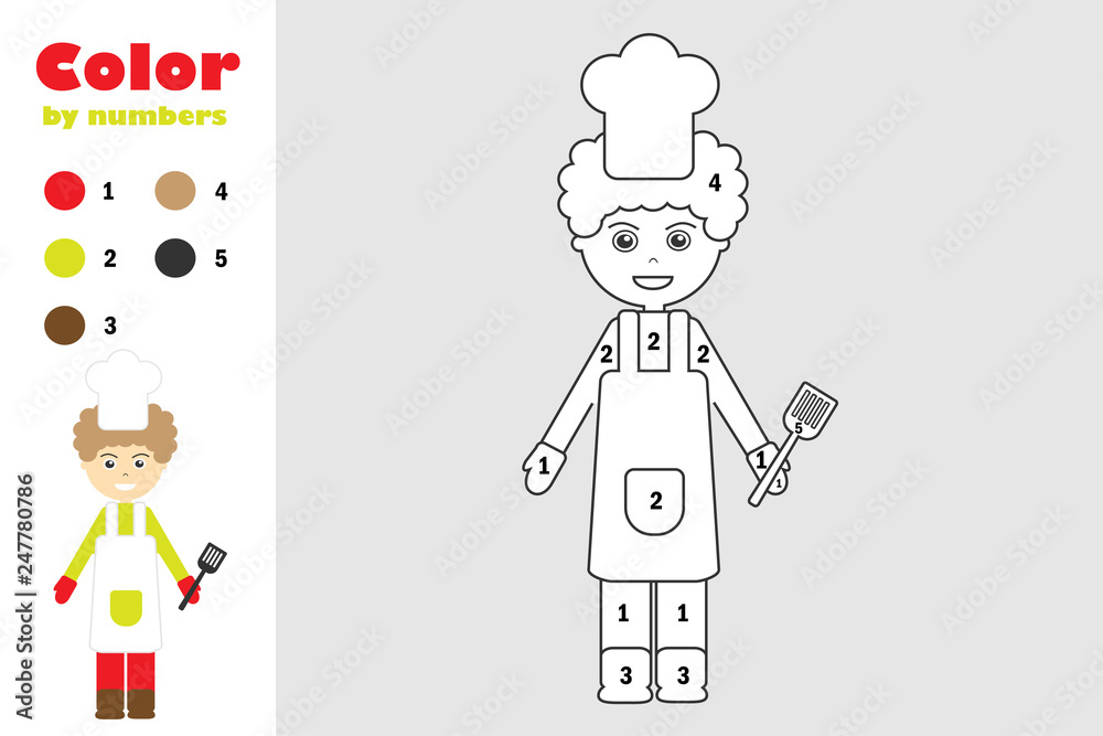 Cook in cartoon style, color by number, education paper game for the ...