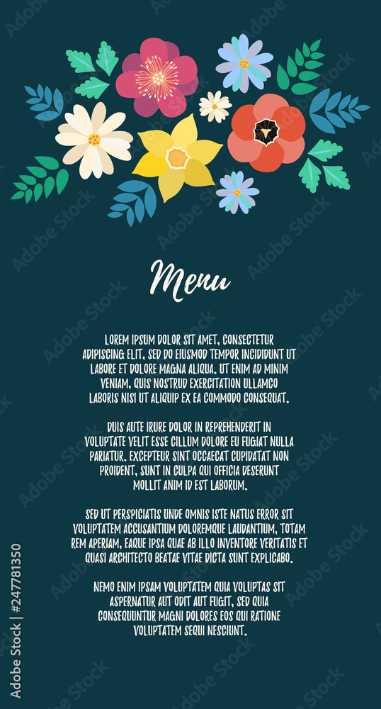Menu style wedding invitation card with flat flower frame background ...