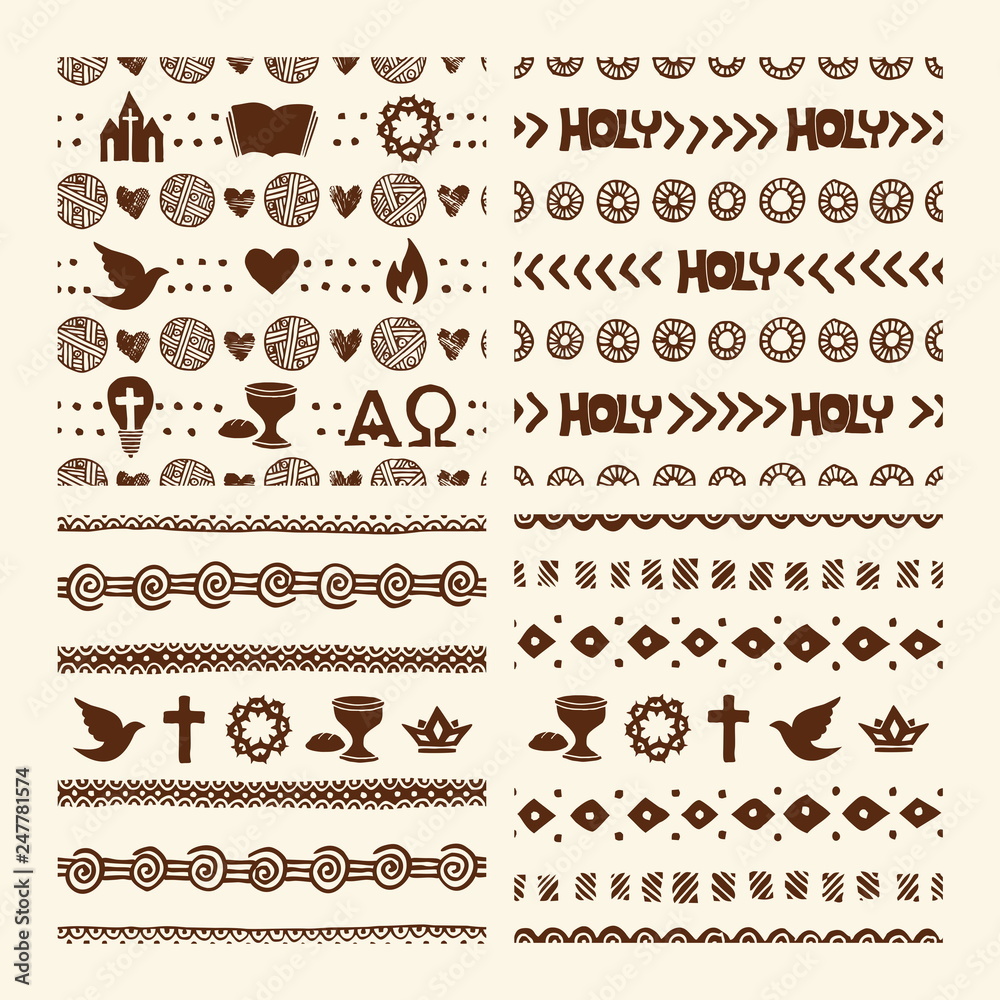 Vector set of hand drawn christian seamless pattern made with ink ...