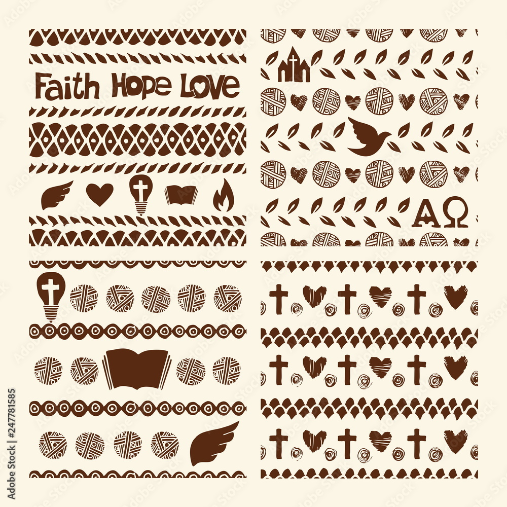 Vector set of hand drawn christian seamless pattern made with ink ...