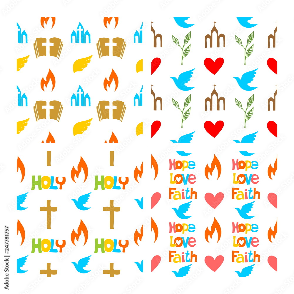 Vector set of hand drawn christian seamless pattern made with ink ...