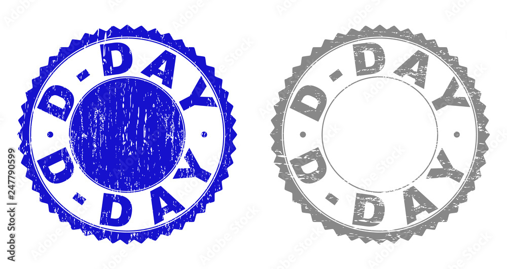 Grunge D-DAY stamp seals isolated on a white background. Rosette seals with distress texture in ...
