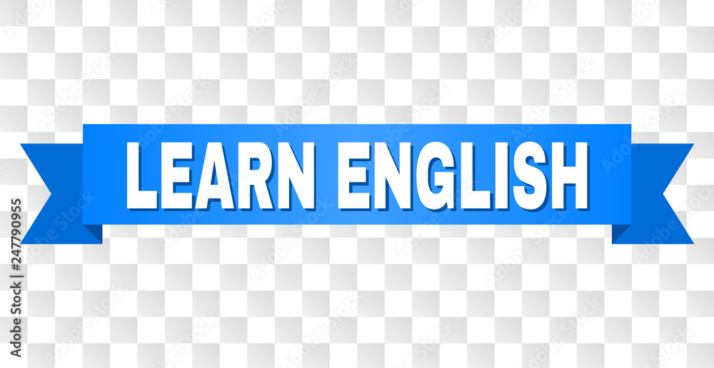 LEARN ENGLISH text on a ribbon. Designed with white title and blue tape ...