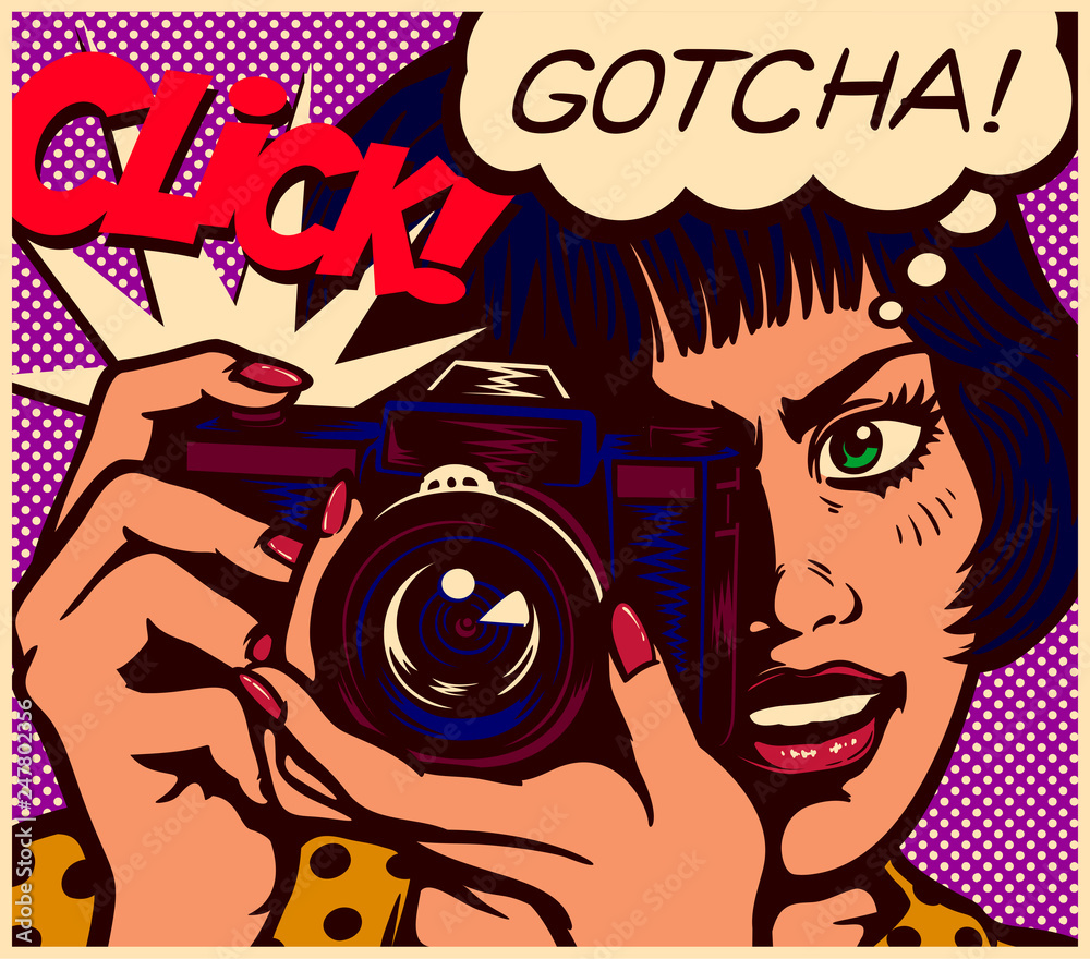 Pop art comic book style panel paparazzi female journalist reporter ...