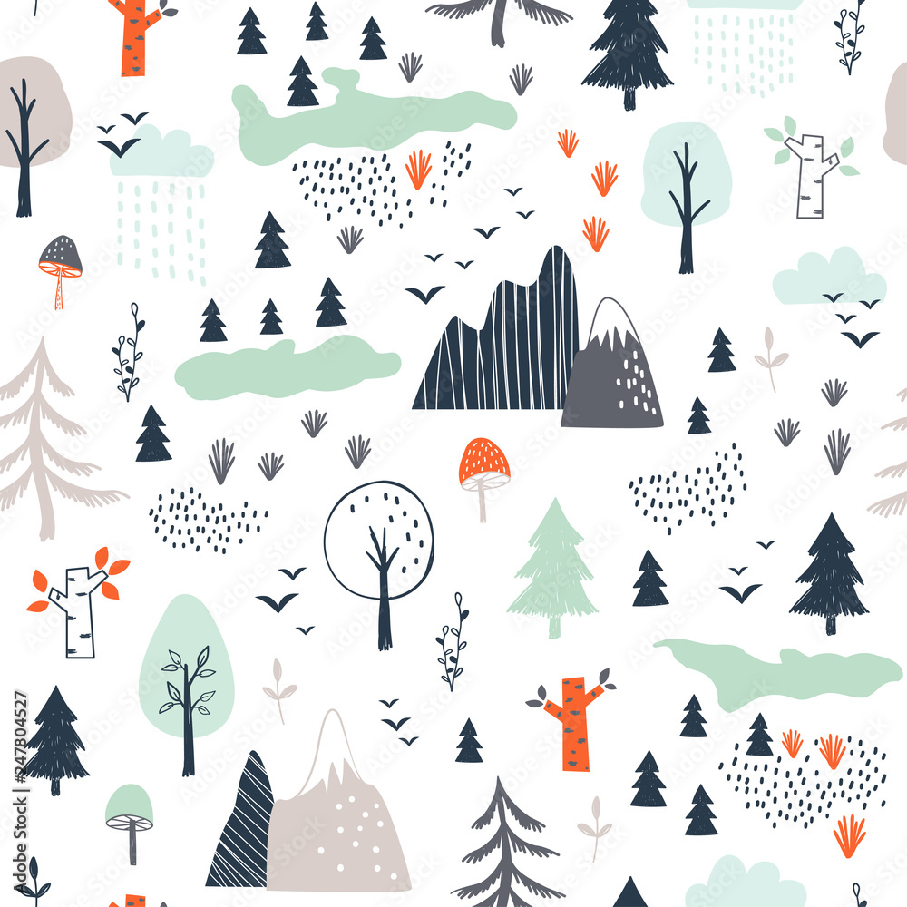 Seamless childish pattern with trees, mountains and clouds Stock Vector ...