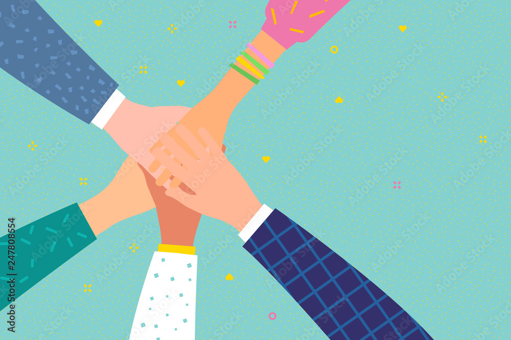 Concept of team work. Friends with stack of hands showing unity and ...