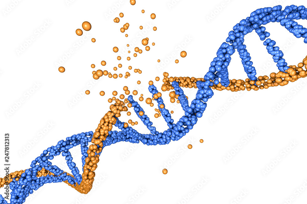 Destruction of DNA, damaged DNA, 3D illustration. Concept of disease ...