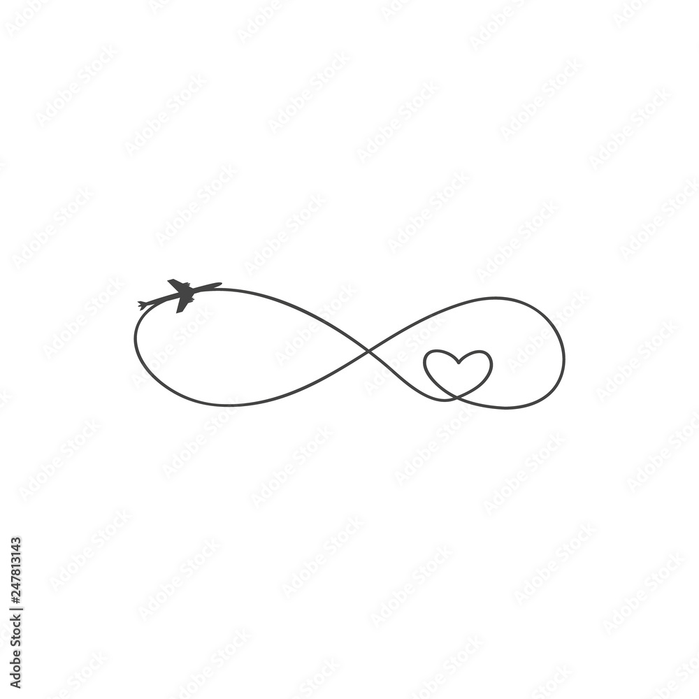 Plane and its track as a sign of infinity and heart on white background ...