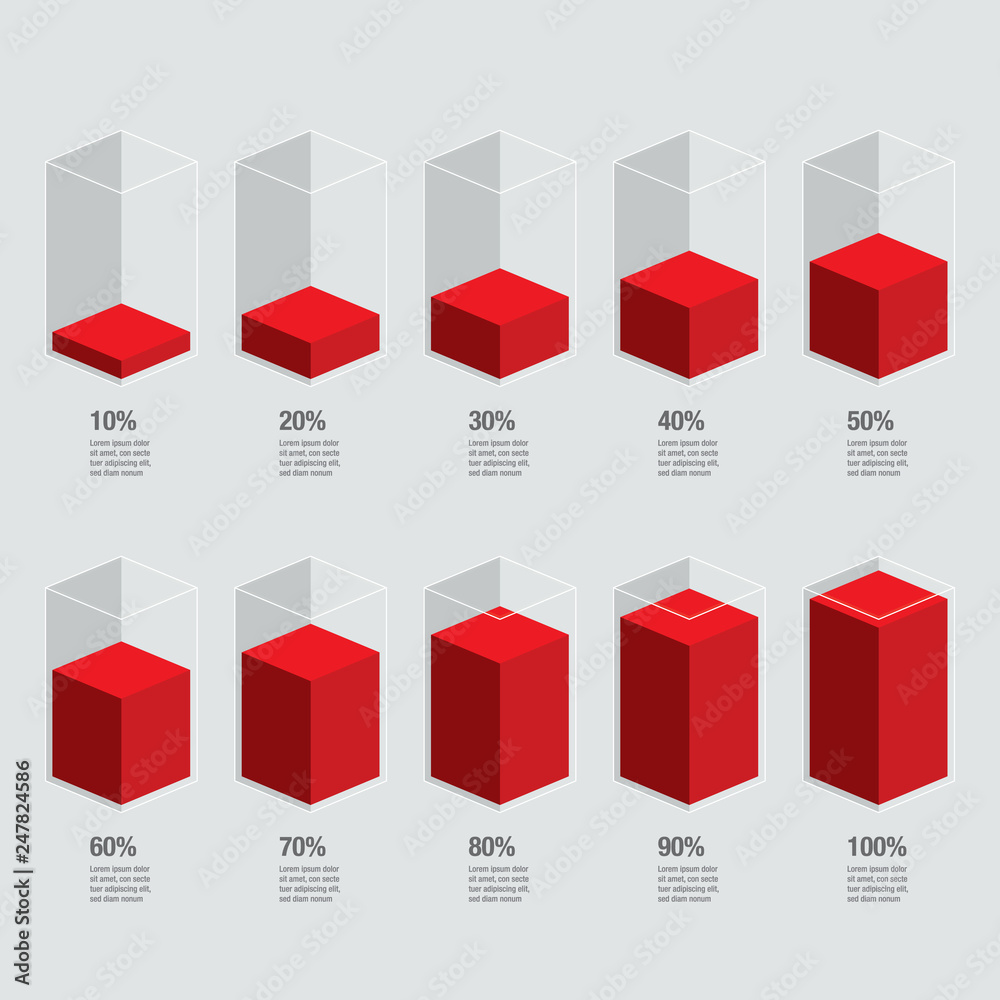 Red slim isometric chart bars, liquid histogram glass template, 10% ...