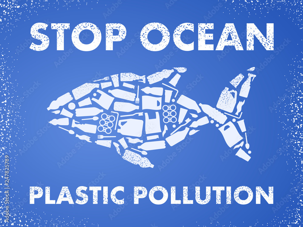 Stop ocean plastic pollution. Ecological poster Fish composed of white ...