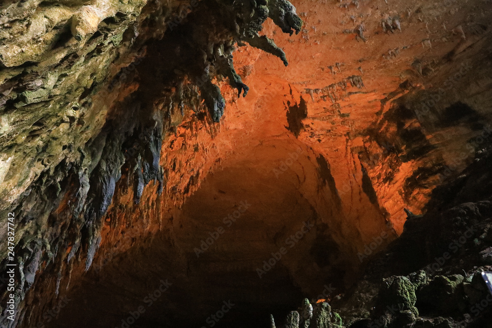 Stalactites and stalagmites on the inner walls of the Melissani cave ...