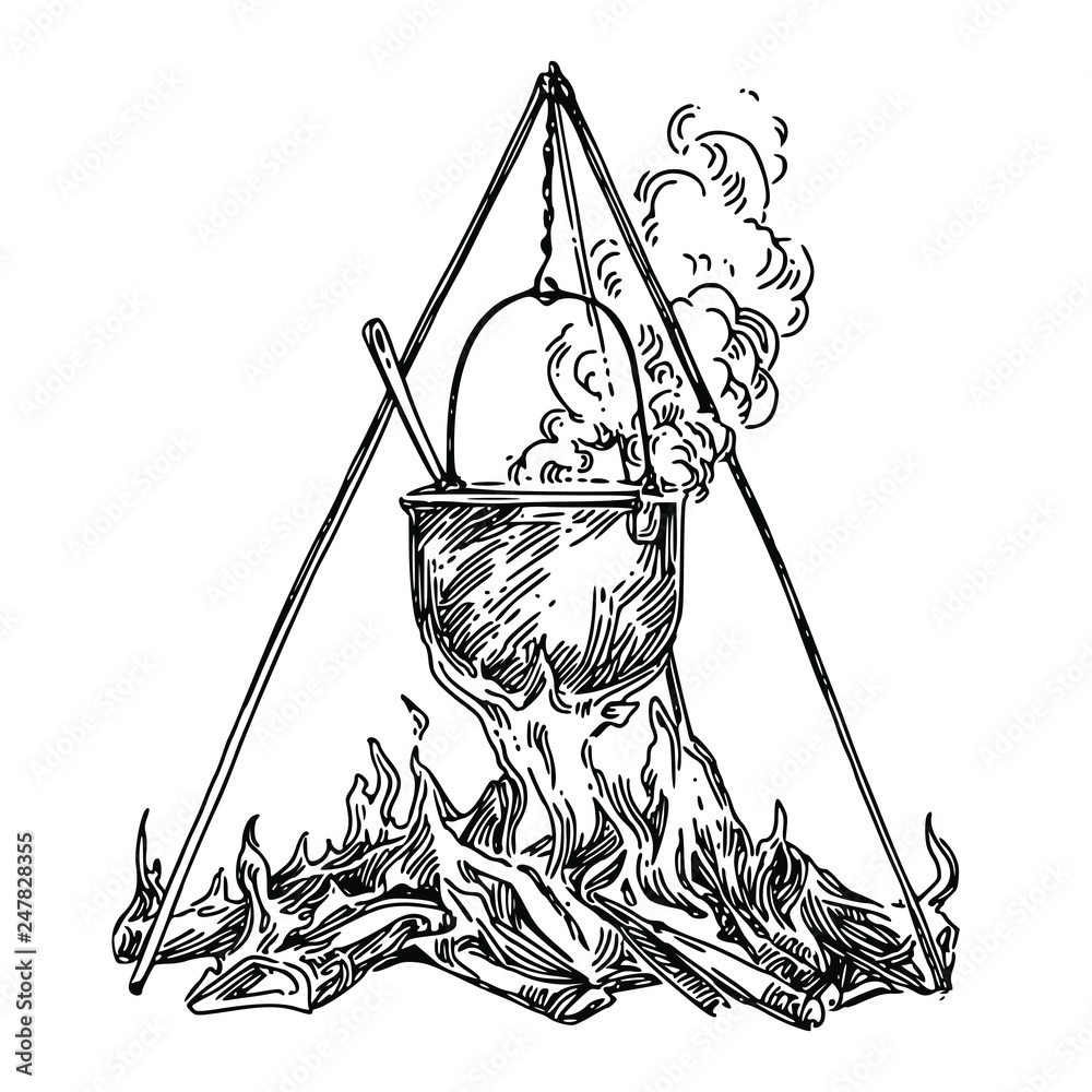 Pot on fire. Cooking. Sketch. Engraving style. Vector illustration ...