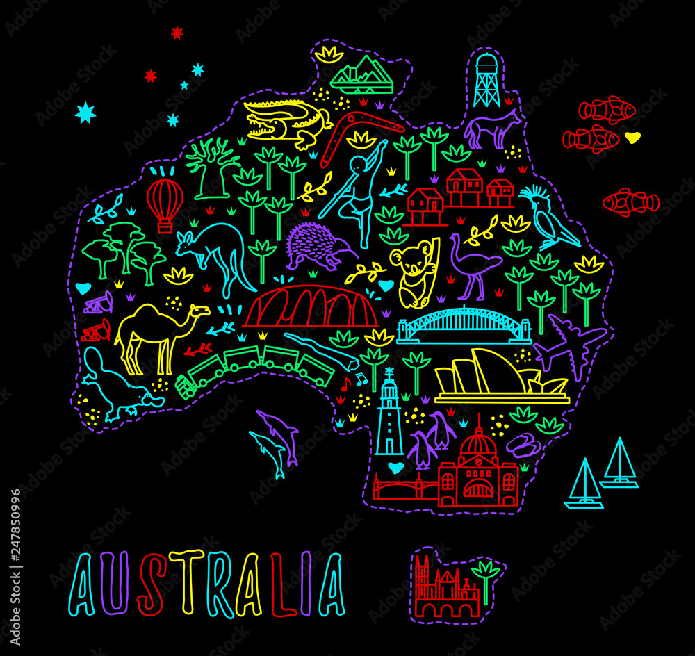 Map of the Australia and Travel Icons. Australia Travel Line Icons Map ...