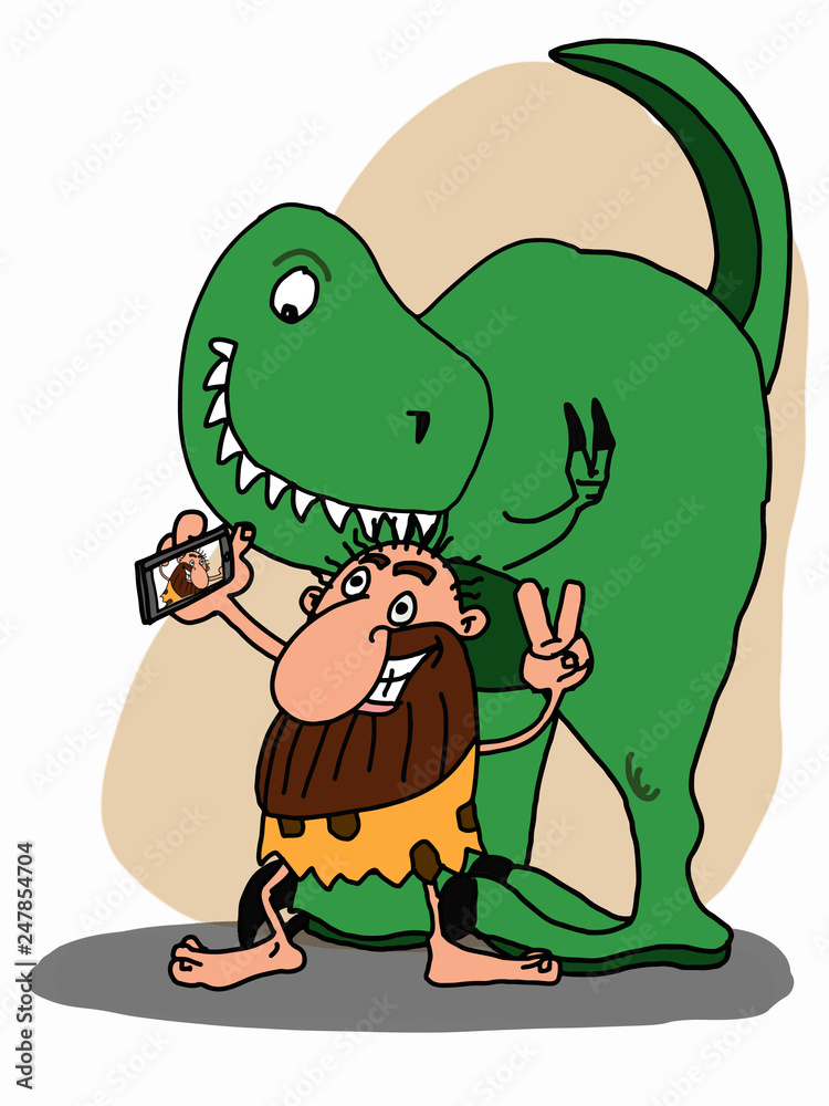 funny troglodyte caveman stone age characters illustration and dinosaur ...