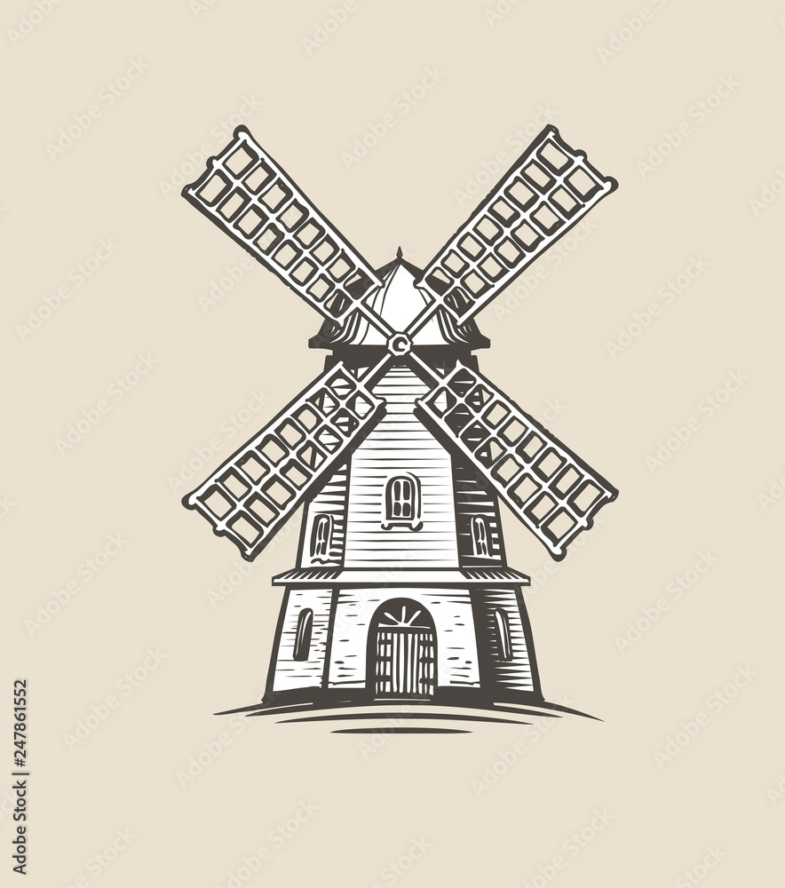 Windmill, mill logo or label. Farm, agriculture symbol. Sketch vector ...