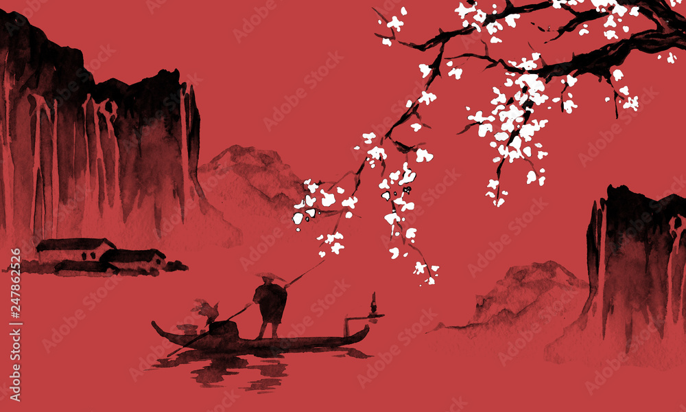 Japan traditional sumi-e painting. Indian ink illustration. Japanese ...