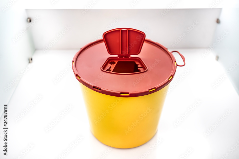 Yellow biohazard medical contaminated sharps clinical waste container ...
