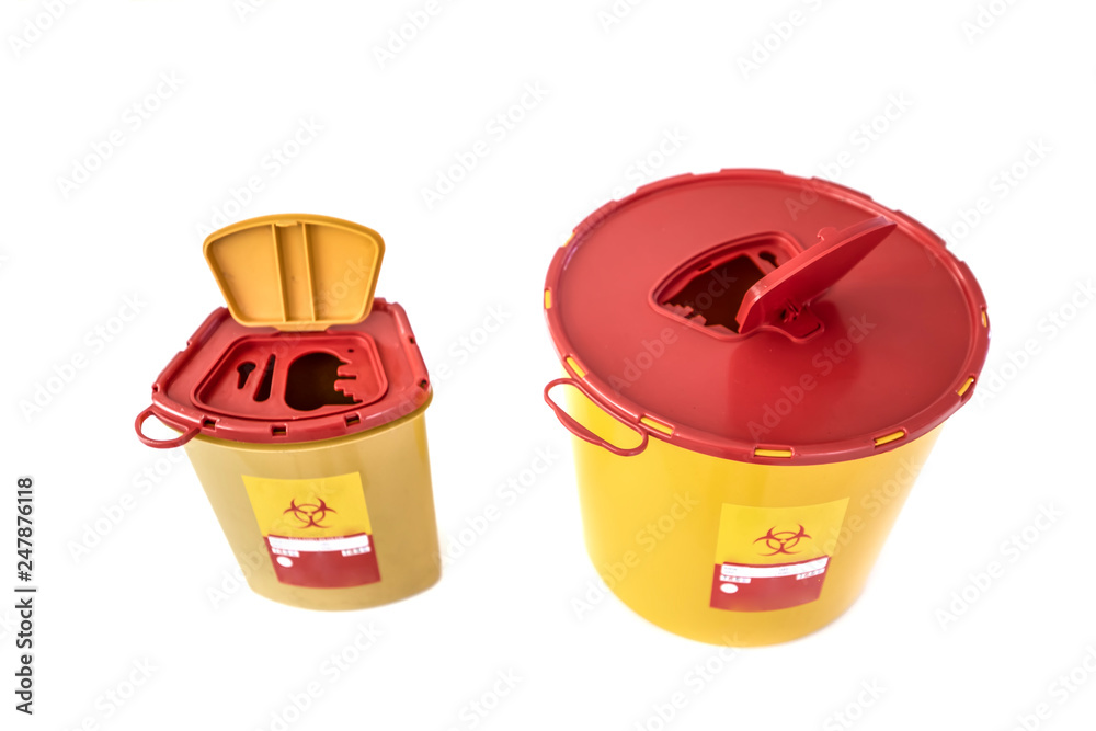 Yellow biohazard medical contaminated sharps clinical waste container ...