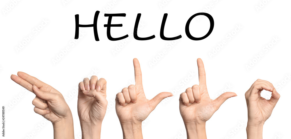 Woman showing word Hello on white background. Sign language Stock Photo ...
