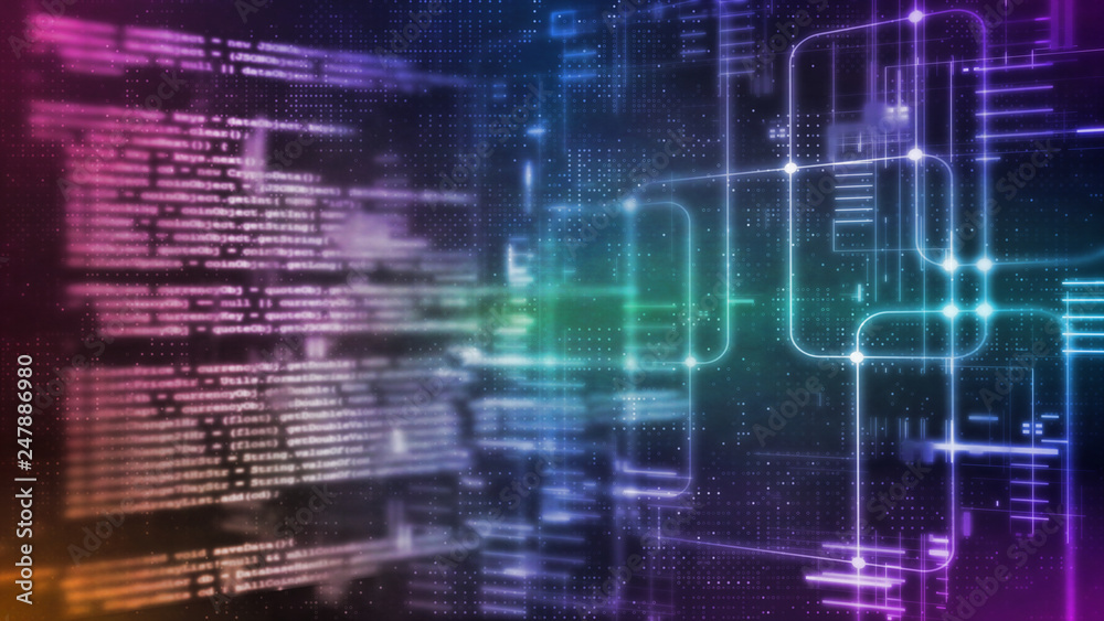 3D Rendering of Digital abstract technology. Computer software script ...