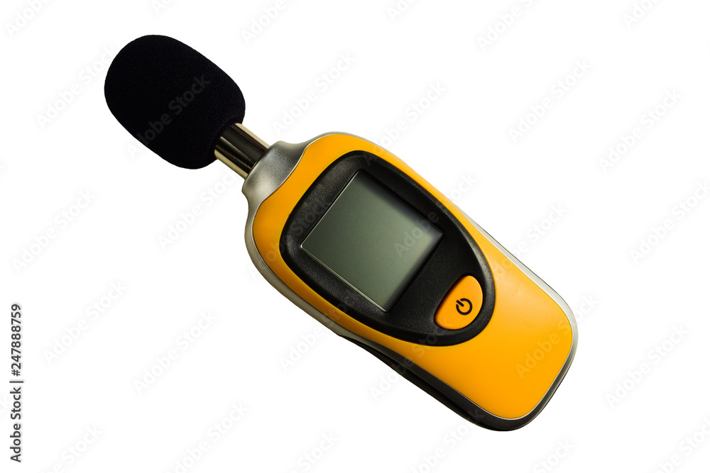 Isolated yellow sound meter on white background. Commonly used in noise ...