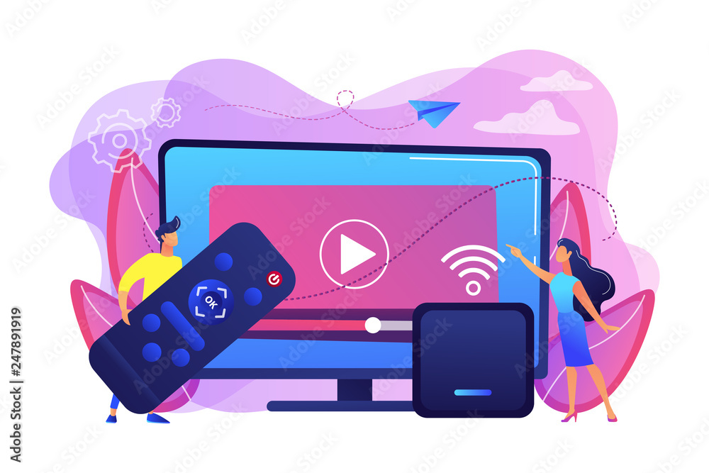 Tiny people watch video with remote control and television multimedia ...