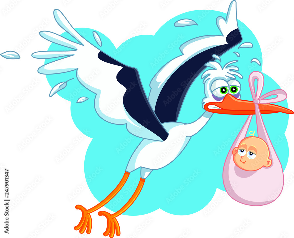 Tired Stork with Baby Flying Vector Cartoon Stock Vector | Adobe Stock
