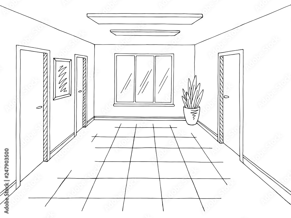 Corridor graphic black white interior sketch illustration vector Stock ...