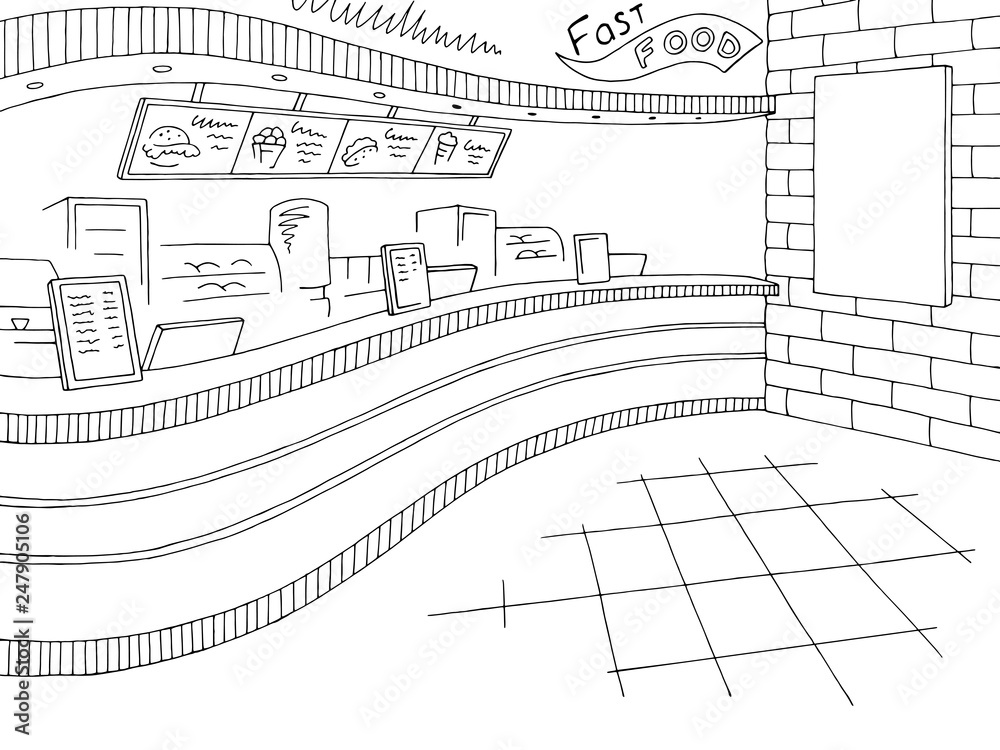 Fast food interior graphic black white restaurant sketch illustration ...