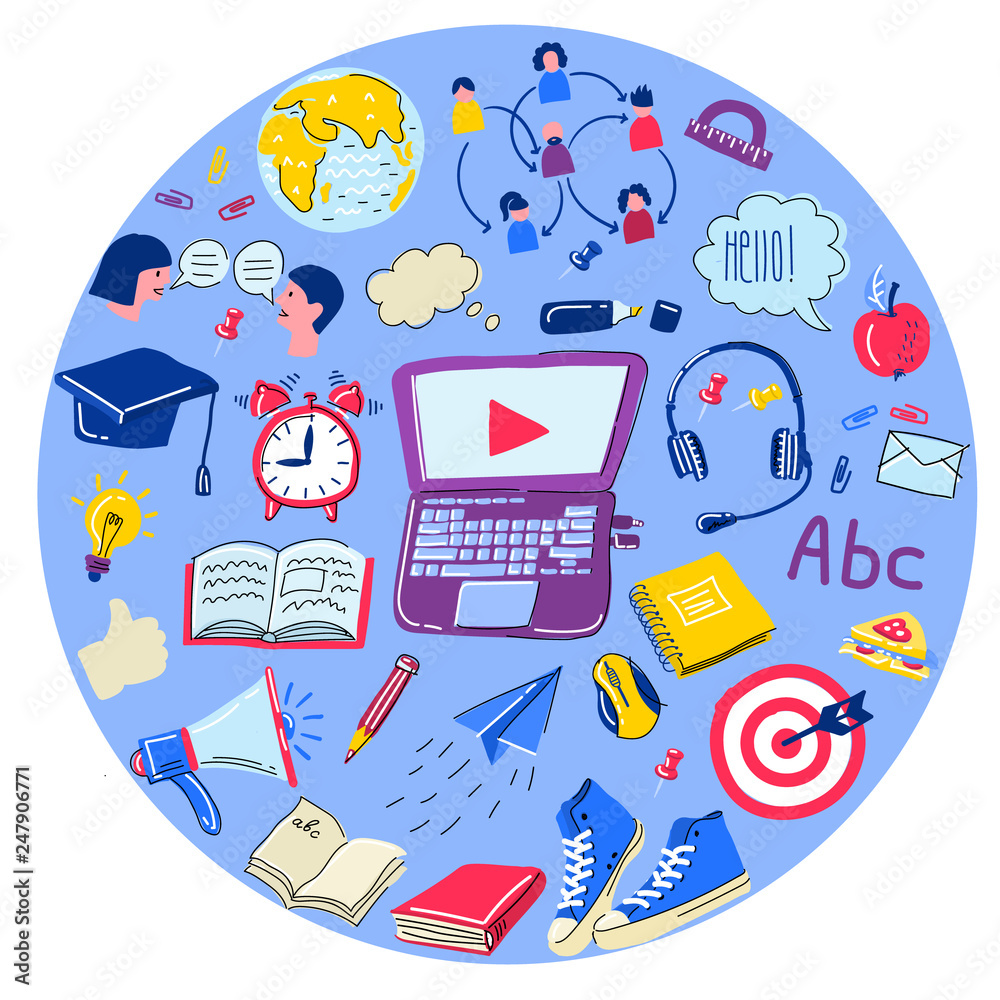 School Doodle vector set. learning of foreign languages. Hand drawn ...