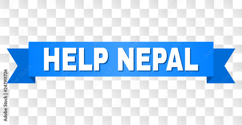 HELP NEPAL text on a ribbon. Designed with white caption and blue tape ...