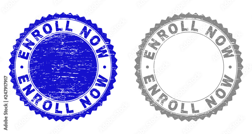 Grunge ENROLL NOW stamp seals isolated on a white background. Rosette ...