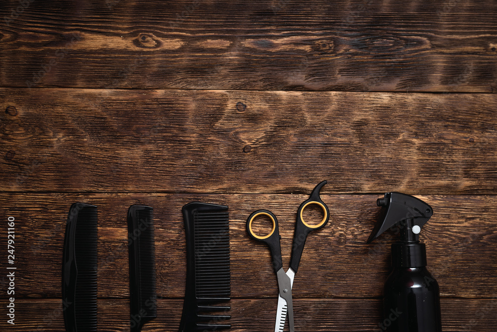 Hairdresser work table background with copy space. A various ...