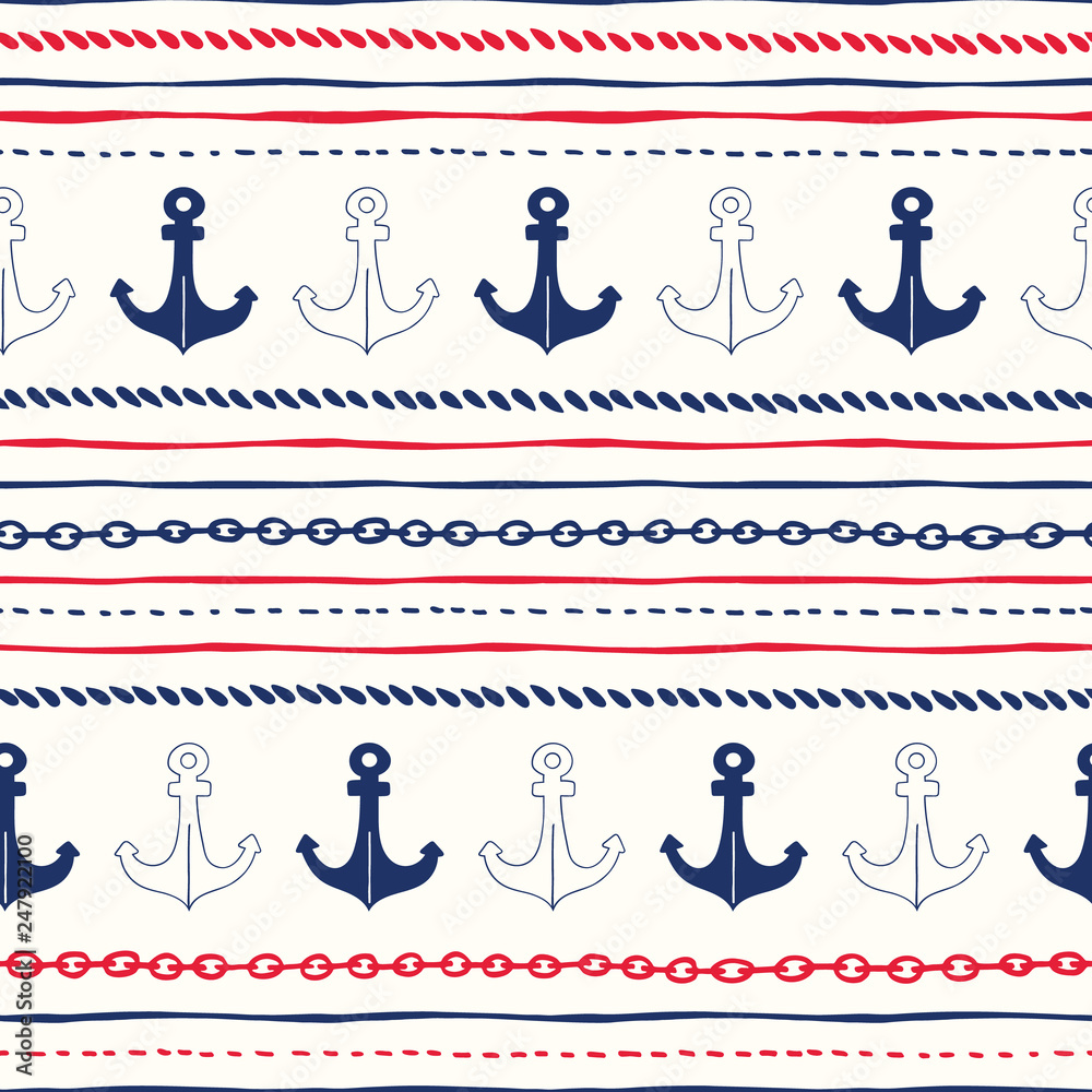 Hand-Drawn Rope and Chains Horizontal Stripes with Anchors Vector ...