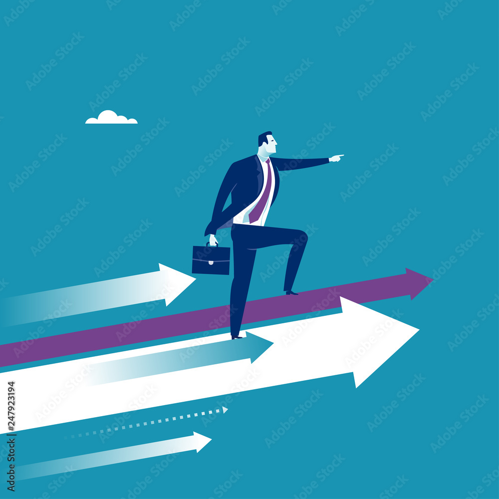 Leader stands on arrows and points direction forward. Concept business ...