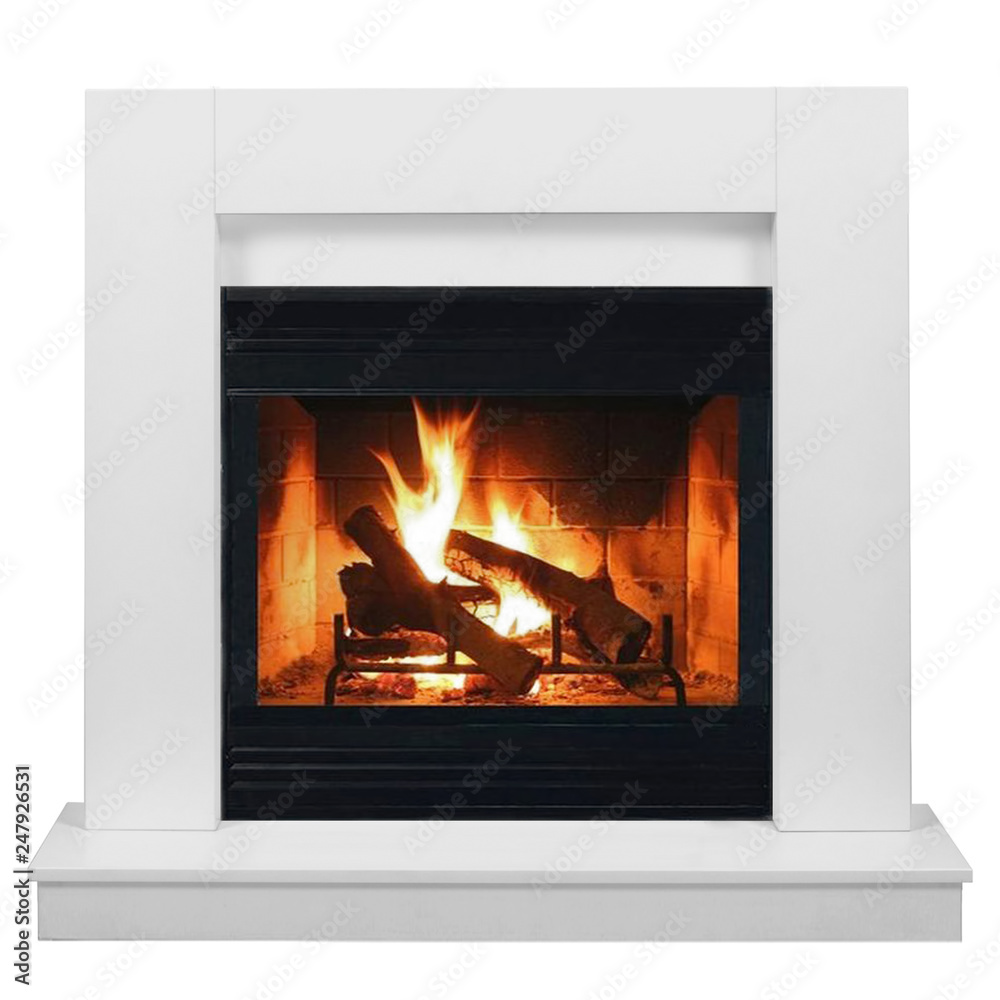 Burning gas fireplace isolated on white background Stock Photo | Adobe ...