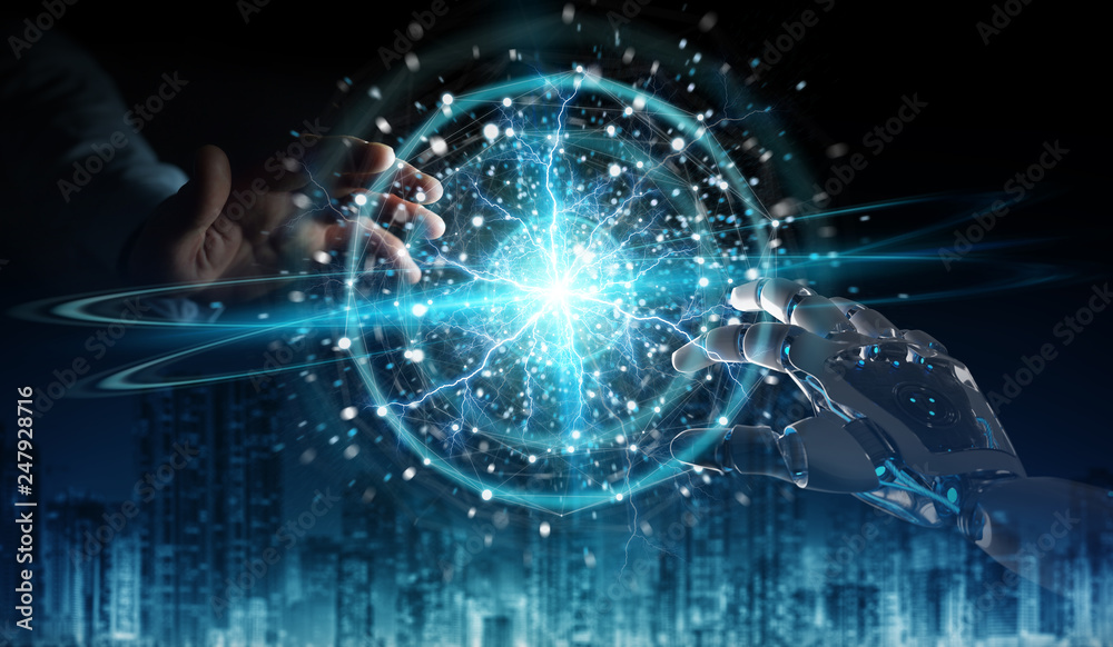 Robot hand and human hand touching digital sphere network on dark background 3D rendering Stock ...