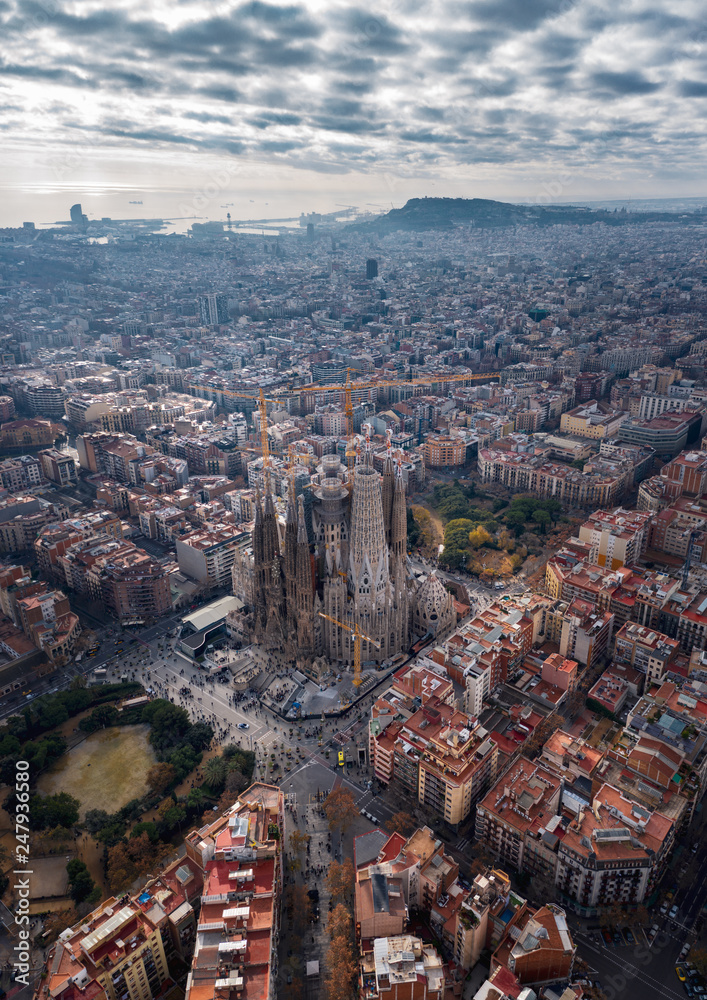 Aerial; drone view of main Gaudi project Sagrada Familia Temple ...